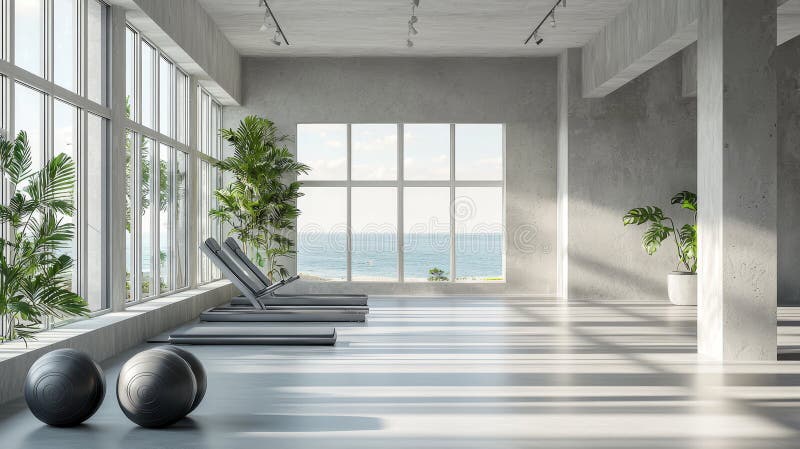 Minimalist Workout Area with Clean Equipment and Ocean View Stock ...