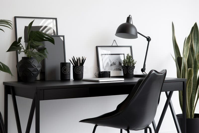 Minimalist Workplace Black Desk and Chair Modern Style Generative Ai ...