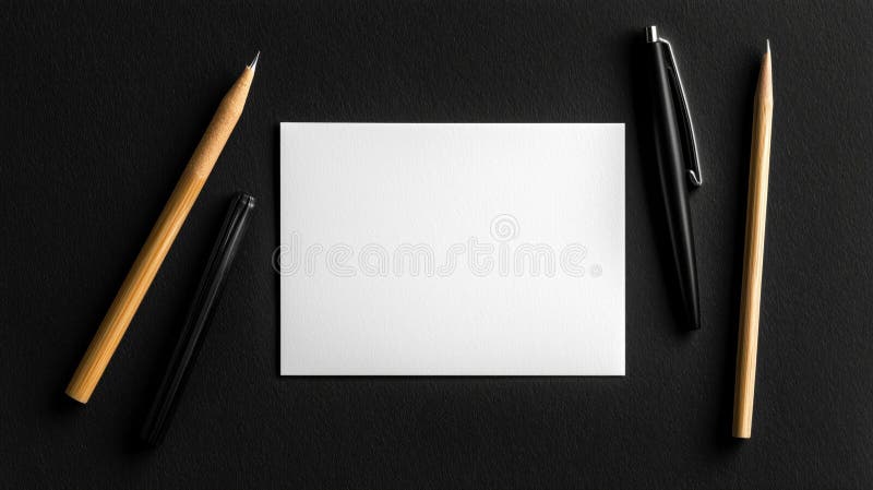 Minimalist Workspace with Blank Card and Writing Tools on Black ...