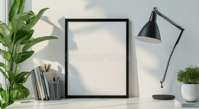 Minimalist Workspace with a Blank Frame, Desk Lamp, and Indoor Plants ...