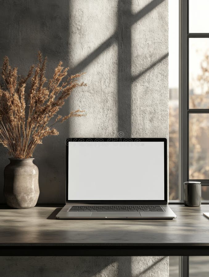Minimalist Workspace with Blank Laptop Screen and Vase on Concrete Desk ...