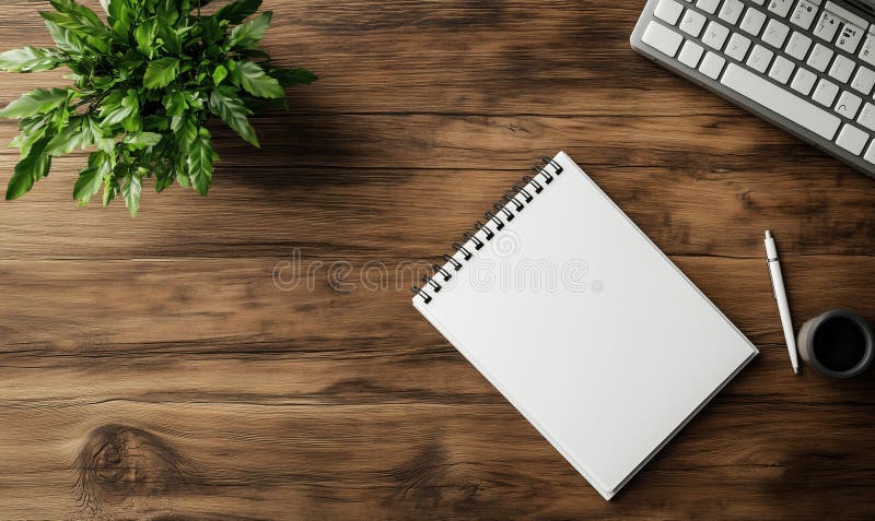 Minimalist Workspace with Blank Notebook, Keyboard, and Plant on Wooden ...