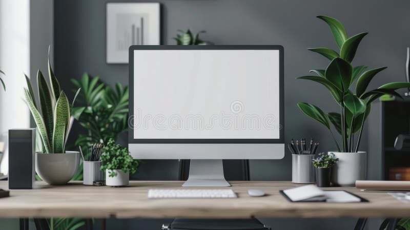 Minimalist Workspace with a Clean Desk, a Computer Monitor, and an Open ...
