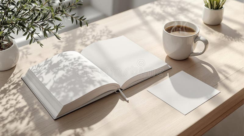 Minimalist Workspace with Coffee, Notebook, and Blank Paper Stock Image ...