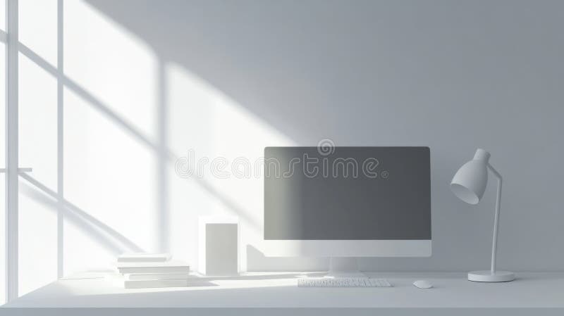 Minimalist Workspace with Computer and Desk Lamp in Bright Sunlit Room ...