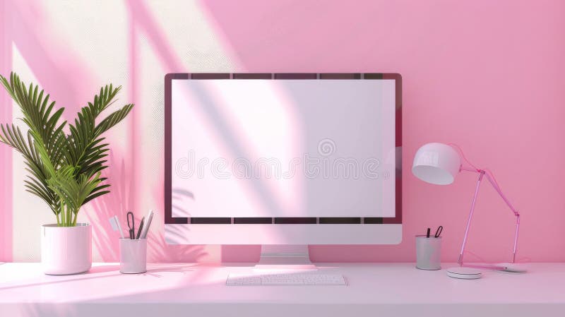 Minimalist Pink Home Office Desk Setup Plant Lamp Stock Photos - Free ...