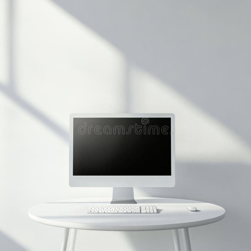 Minimalist Workspace with Computer and Sunlit Shadows on White Wall ...