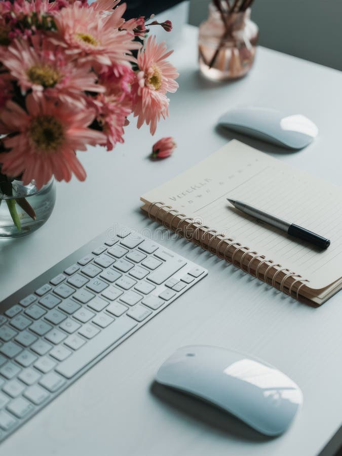 Minimalist Workspace with Computer, Weekly Planner, and Pink Flowers ...