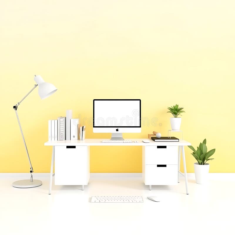 A Minimalist Workspace Desk in White on a Soft Yellow and Blue Gradient ...