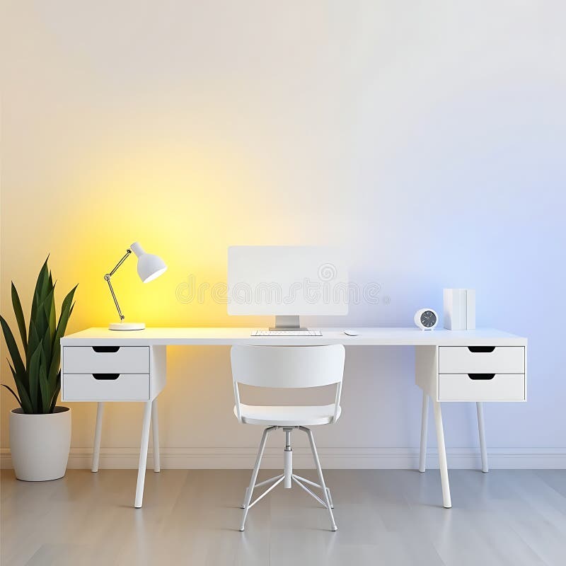 A Minimalist Workspace Desk in White on a Soft Yellow and Blue Gradient ...