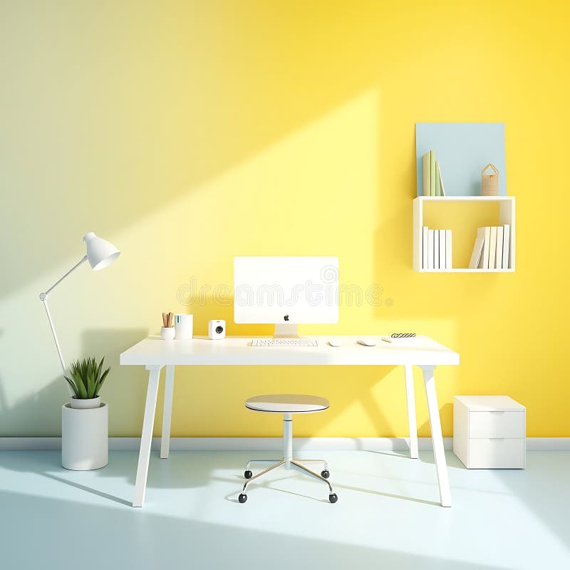 A Minimalist Workspace Desk in White on a Soft Yellow and Blue Gradient ...