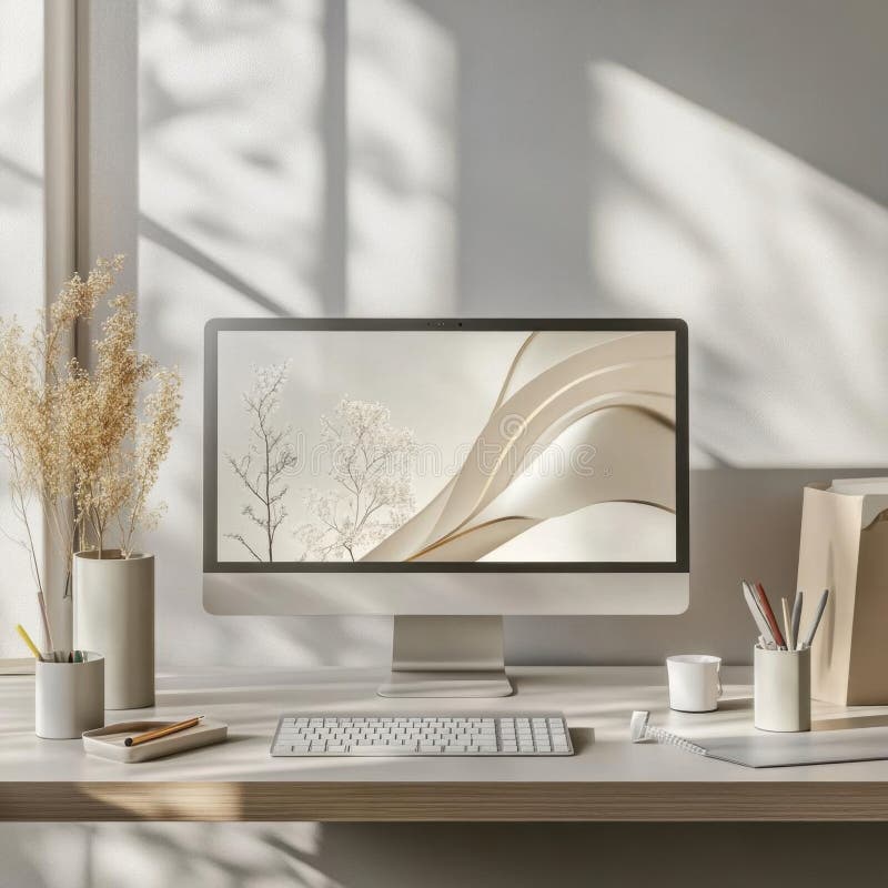 Minimalist Workspace with Desktop Computer and Keyboard Stock ...
