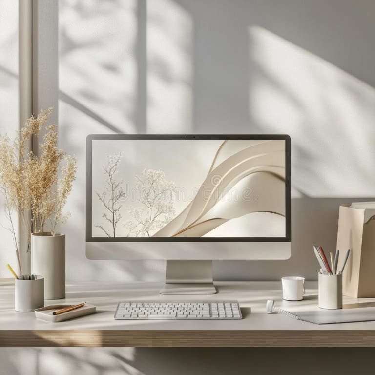 Minimalist Workspace with Desktop Computer and Keyboard Stock ...