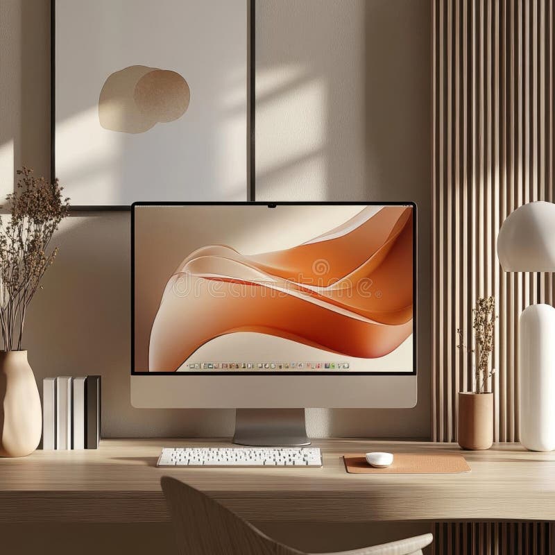 Minimalist Workspace with Desktop Computer and Wooden Accents Stock Illustration - Illustration ...