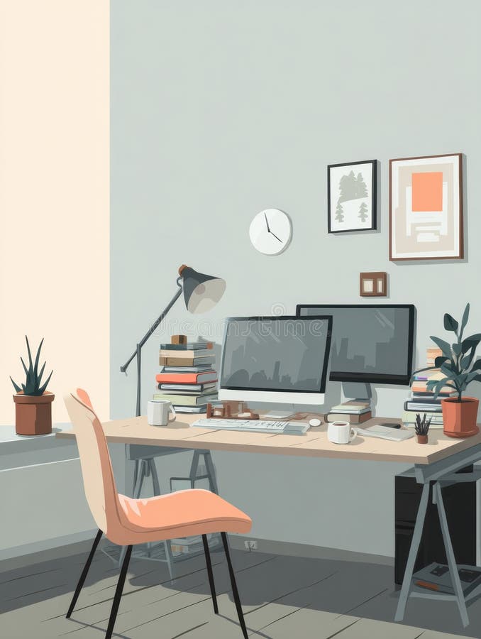 Minimalist Workspace with Dual Monitors, Organized Decor, and Natural ...