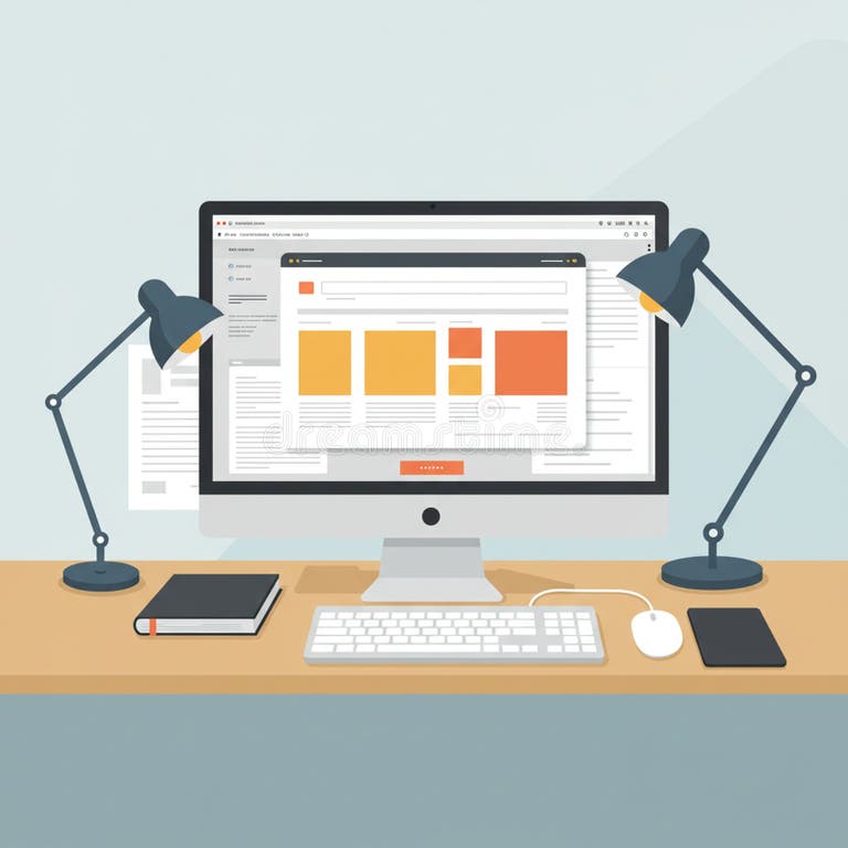 A Minimalist Workspace Features a Large Computer Monitor Displaying a Web Page Stock ...