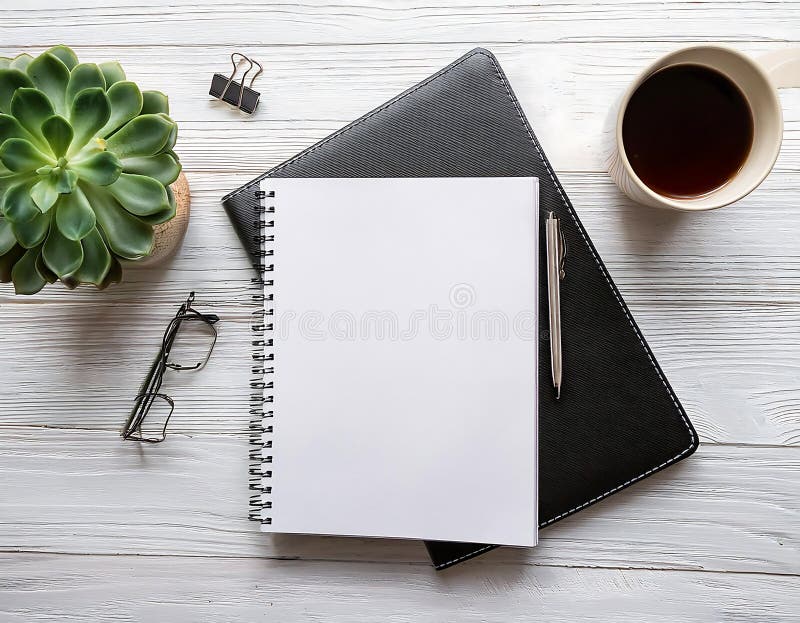 A Minimalist Workspace Features a Notebook, Pen, Glasses, and Coffee ...