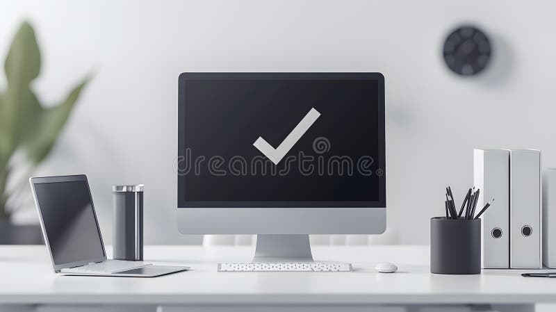 Minimalist Workspace Featuring Black Checkmark Icon on a Computer ...