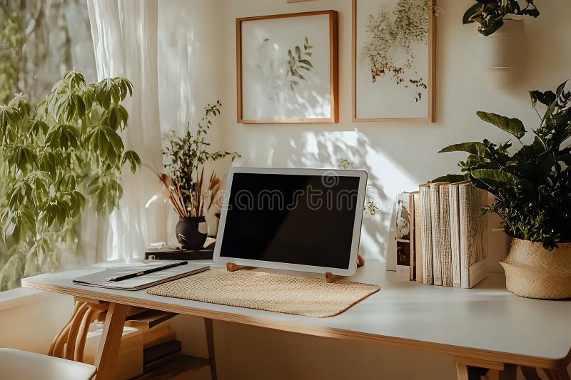 Minimalist Workspace Featuring a Clean Desk Adorned with Tech Elements ...