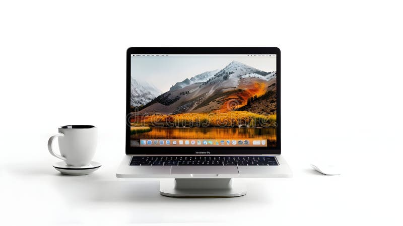 A Minimalist Workspace Featuring a Laptop, Cup, and Mouse on a Clean ...