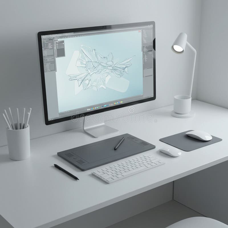 Minimalist Workspace Featuring a Large Computer Monitor Displaying ...