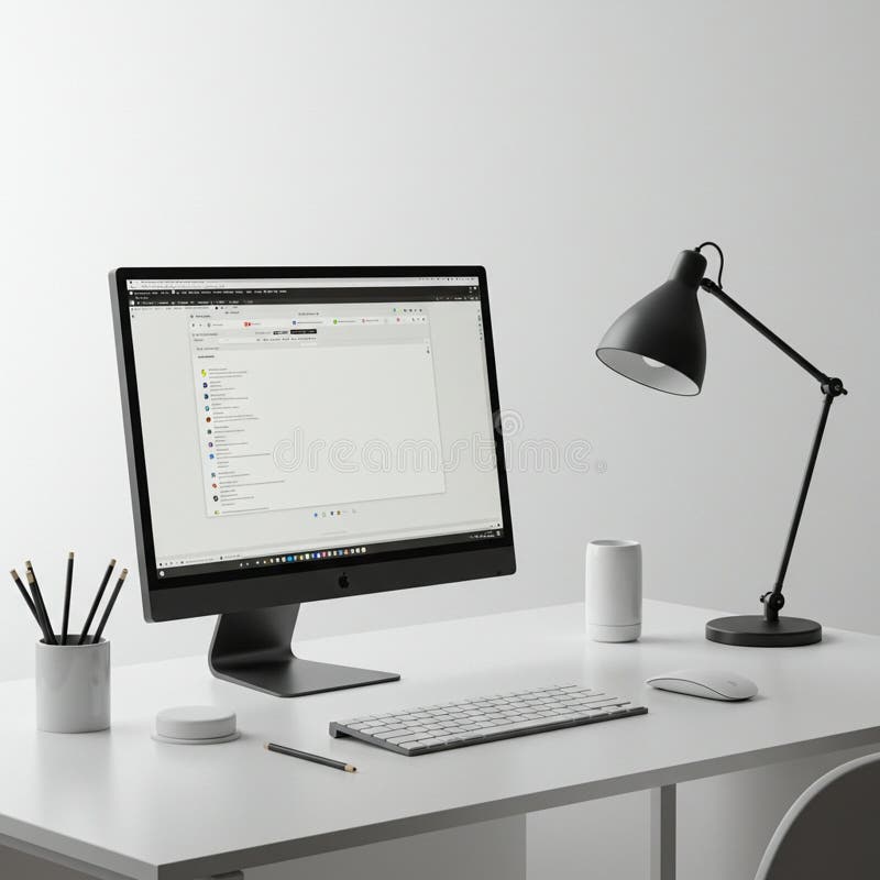 Minimalist Workspace Featuring a Large Computer Monitor on a Sleek ...