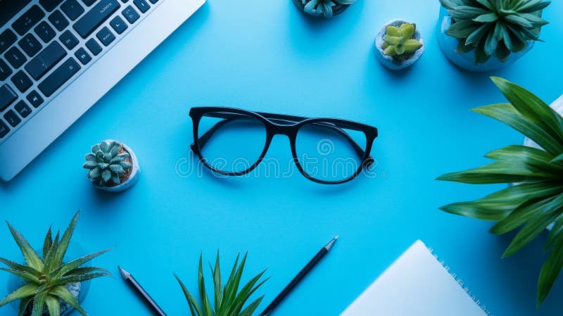 Minimalist Workspace with Glasses, Plants, and Laptop on Blue ...