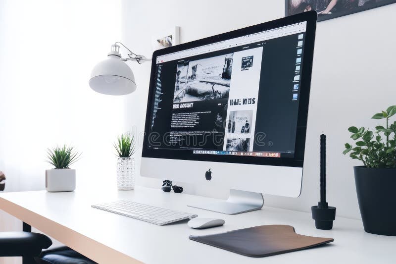 Minimalist Workspace with IMac, Keyboard, Mouse, and Plants Stock ...