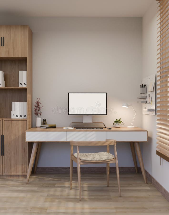 Minimalist Workspace Interior Design with White and Wood Style with PC ... Minimalist Workspace Interior Design with White and Wood Style with PC ...