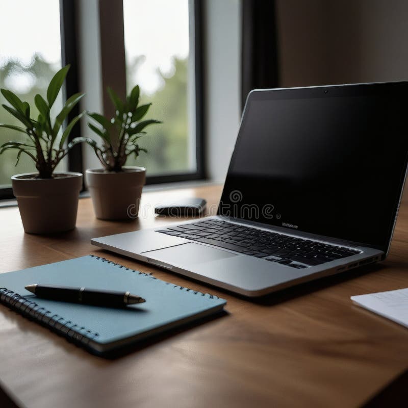 A Minimalist Workspace with Just a Laptop and Notebook, Focused and ...