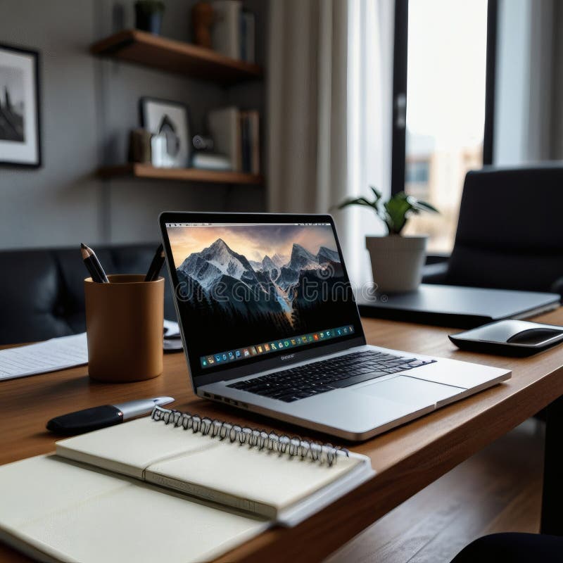 A Minimalist Workspace with Just a Laptop and Notebook, Focused and ...