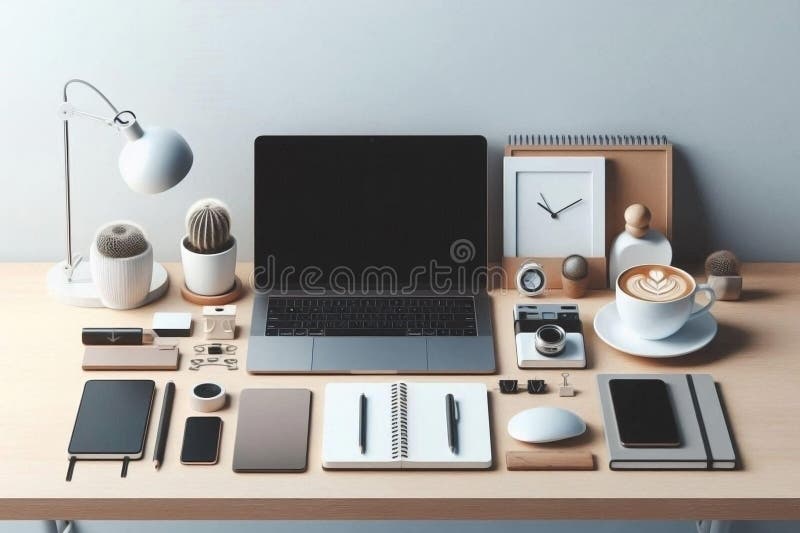 Minimalist Workspace with Laptop, Coffee, and Notebook on Desk Stock ...