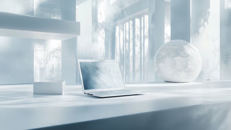 Minimalist Workspace with Laptop and Decorative Sphere in Bright Room ...