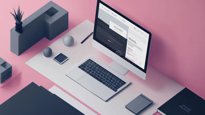 Minimalist Workspace with Laptop, Desktop, and Geometric Objects Stock ...