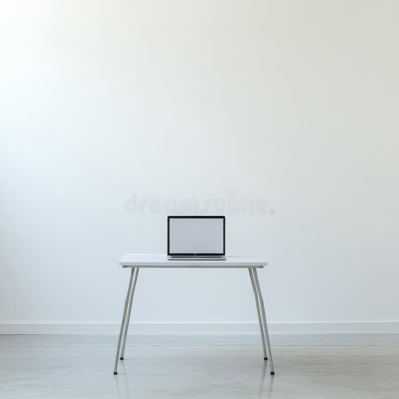 Minimalist Workspace with Laptop on Modern White Desk in Clean Empty ...