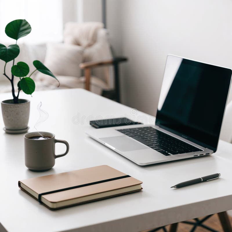 Minimalist Workspace with Laptop, Notebook, and Coffee Cup Stock Photo ...