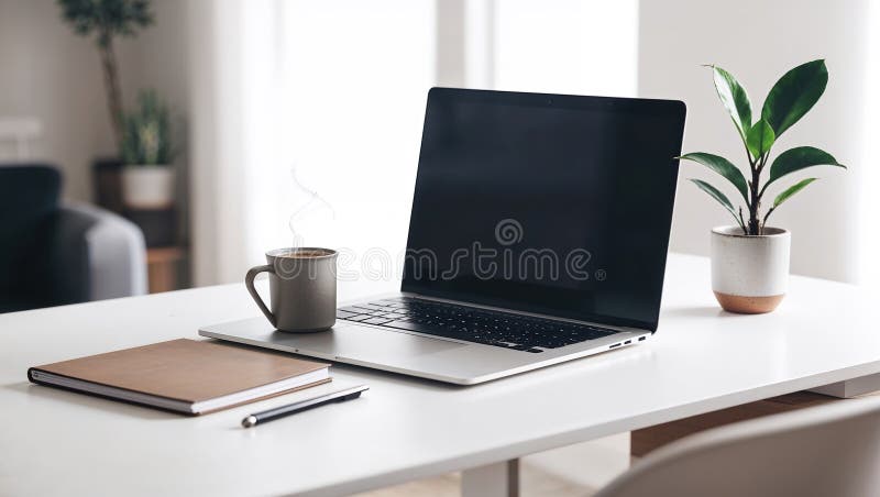 Minimalist Workspace with Laptop, Notebook, and Coffee Cup Stock Photo ...