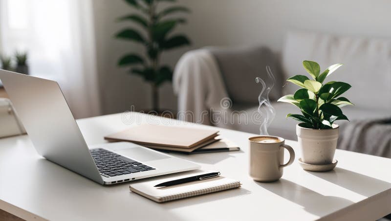 Minimalist Workspace with Laptop, Notebook, and Coffee Cup Stock Photo ...