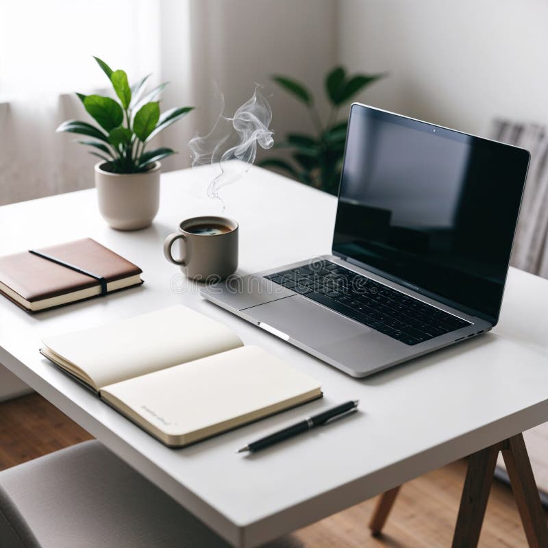 Minimalist Workspace with Laptop, Notebook, and Coffee Cup Stock Image ...