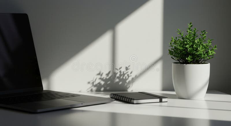Minimalist Workspace with Laptop, Notebook, and Green Plant in Sunlight ...