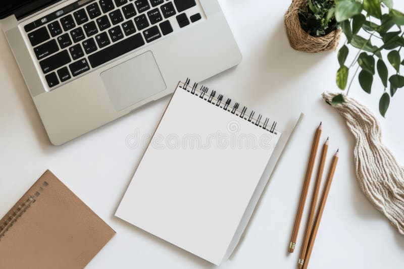 Minimalist Workspace with Laptop, Notebook, Pencils, and Plant Stock ...