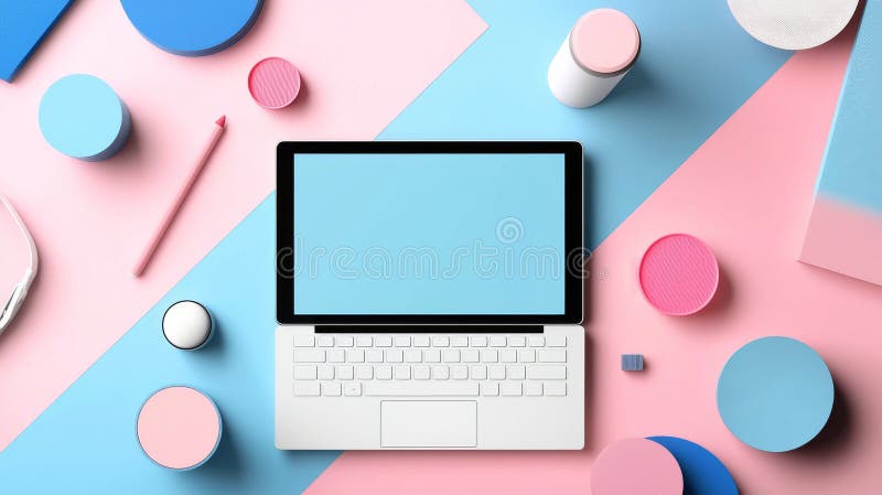 Minimalist Workspace with Laptop and Pastel Accessories on Pink and ...