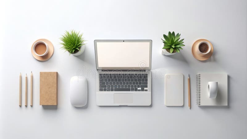 Minimalist Workspace with Laptop, Plants and Coffee, Workspace ... Minimalist Workspace with Laptop, Plants and Coffee, Workspace ...