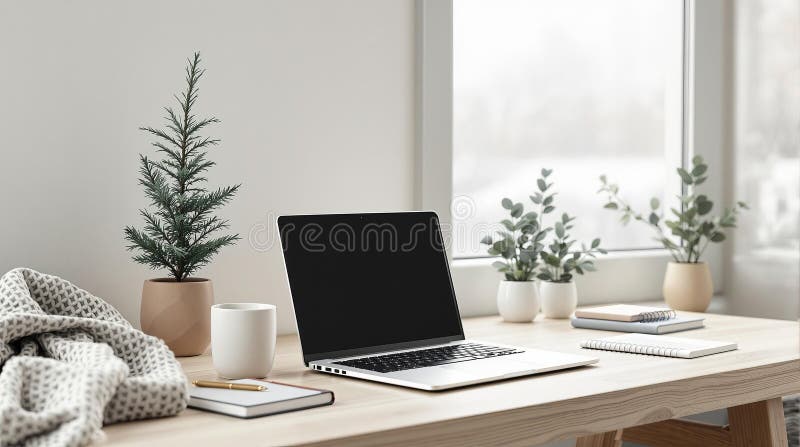 Modern Workspace Laptop Blanket Plants Stock Photos - Free & Royalty ...