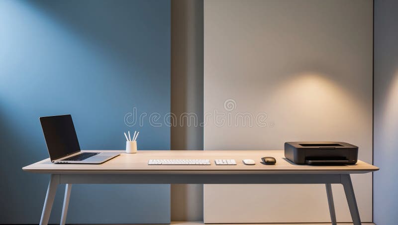 Minimalist Workspace with Laptop, Printer, and Accessories on a Sleek ...