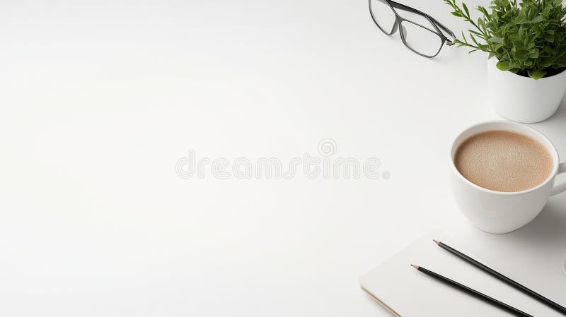 Minimalist Workspace Layout Displaying Coffee Mug, Eyeglasses, Notepad ...