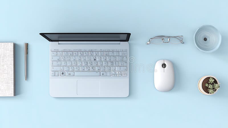 Minimalist Workspace Layout with Laptop and Accessories on Light Blue ...