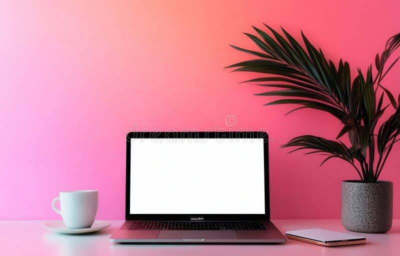 Minimalist Workspace with MacBook Pro, Coffee Cup, and Potted Palm on ...