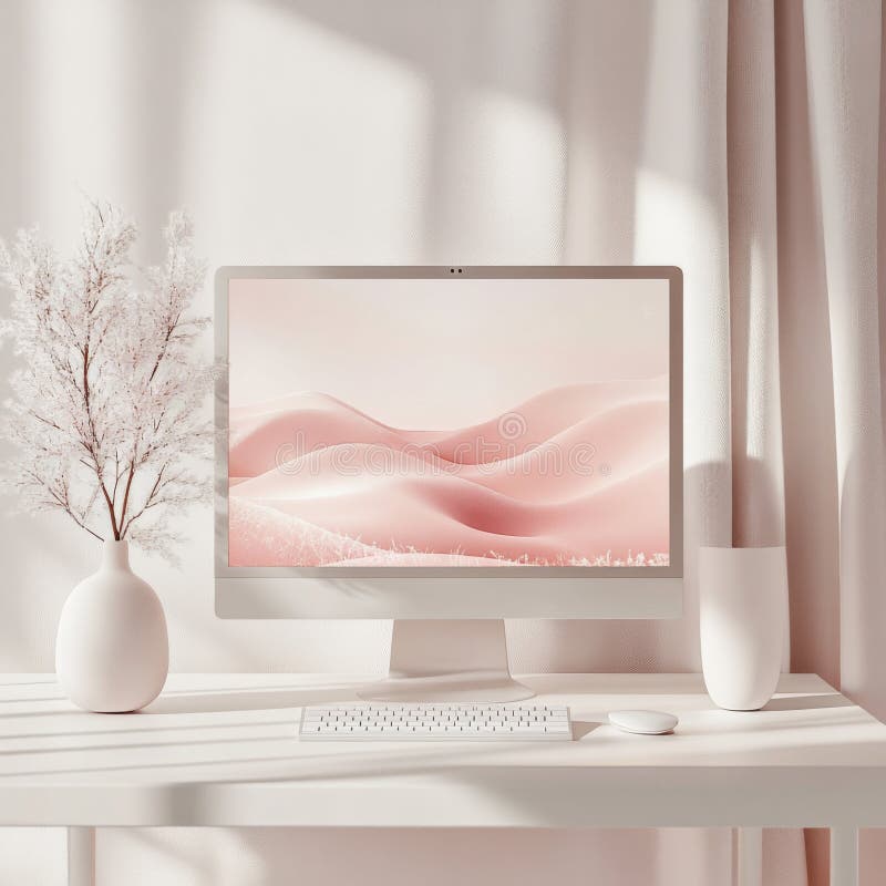 Minimalist Workspace with Modern Computer and Elegant Decor in Soft ...