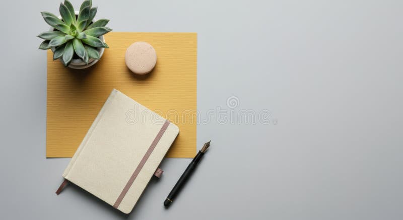 Minimalist Workspace with Notebook, Fountain Pen, and Succulent on Gray ...